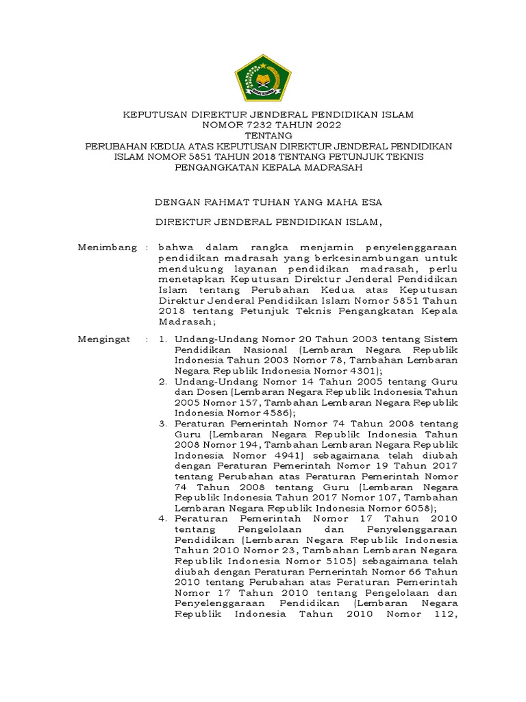Kepdirjen Pendis No. 7232 Tahun 2022 Tentang Perubahan Kedua Juknis Pengangkatan Kepala Madrasah ...