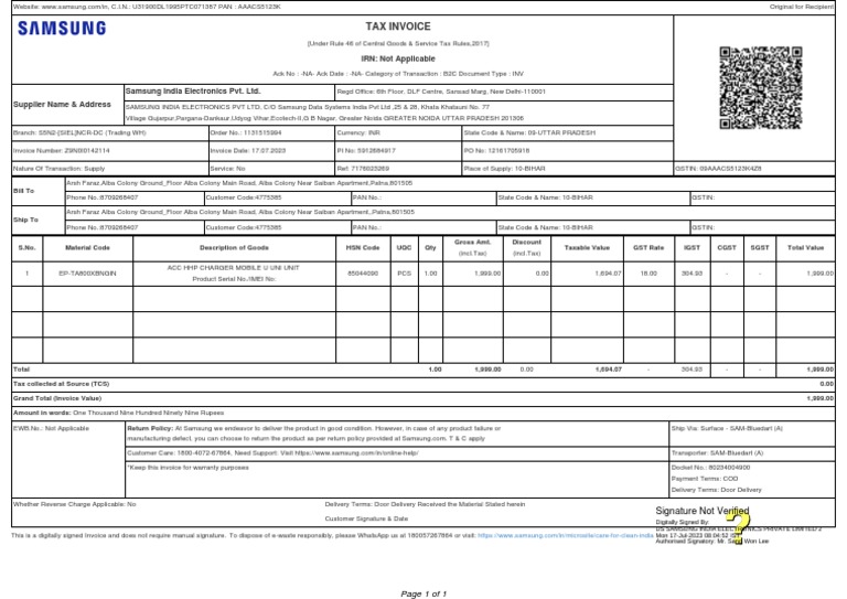 Tax Invoice: IRN: Not Applicable | PDF
