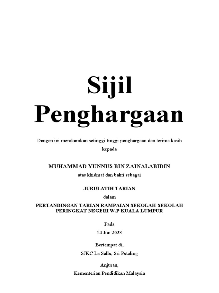 Sijil Penghargaan Jurulatih Tarian | PDF