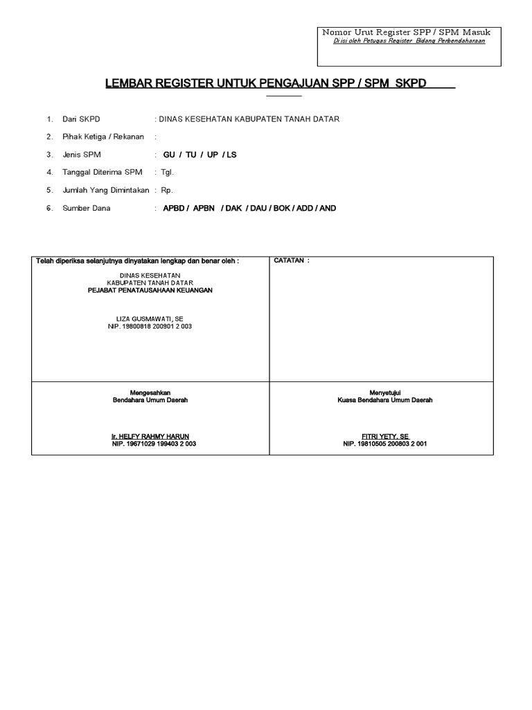Register Pengajuan SPP/ SPM Dinas Kesehatan | PDF
