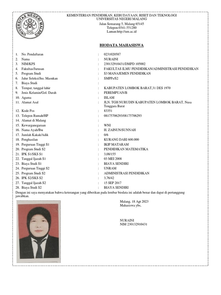 Biodata Mahasiswa S3 UM | PDF