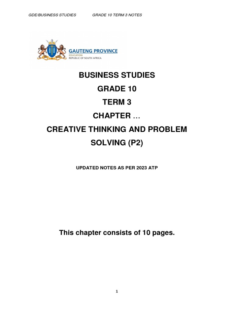 2023 Business Studies Grade 10 Term3 Chapt 10 Creative Thinking & Problem Solving | PDF