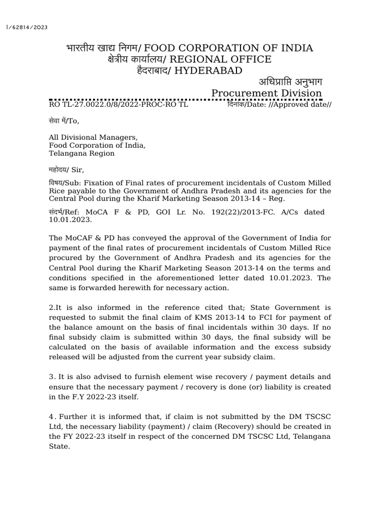 KMS 2013-14 Rice Procurement Rates | PDF