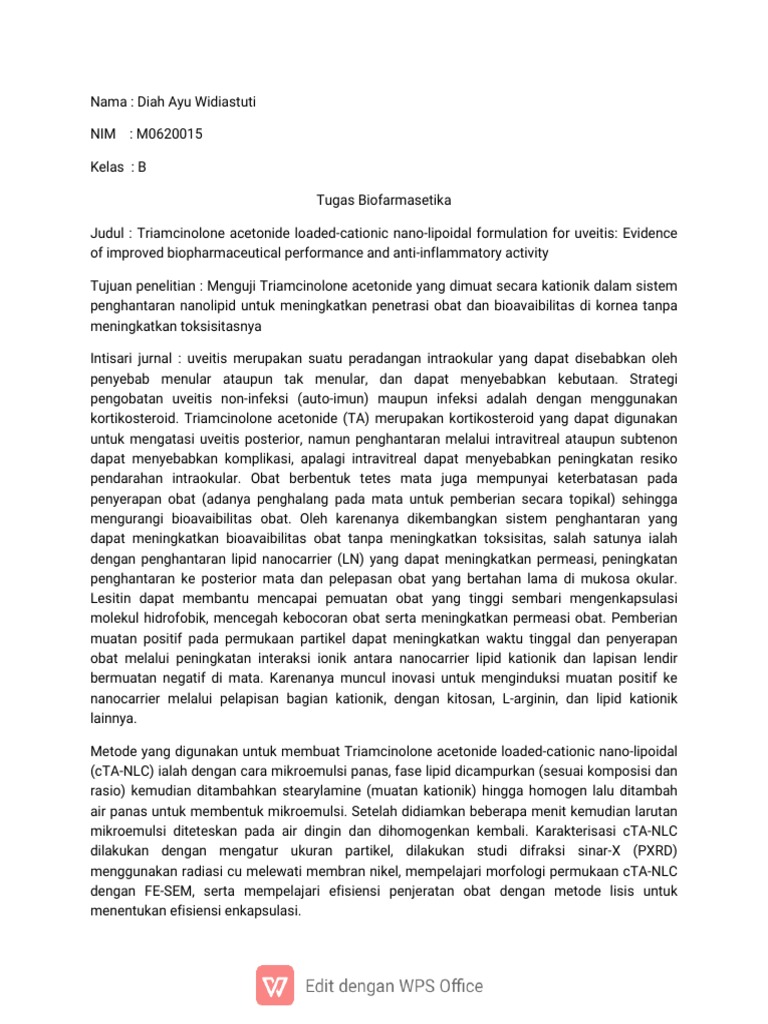 Diah Ayu Widiastuti - M0620015 - Tugas Biofarmasetika | PDF