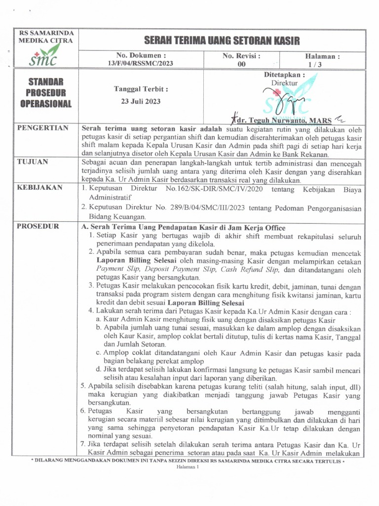 13 Serah Terima Uang Setoran Kasir | PDF