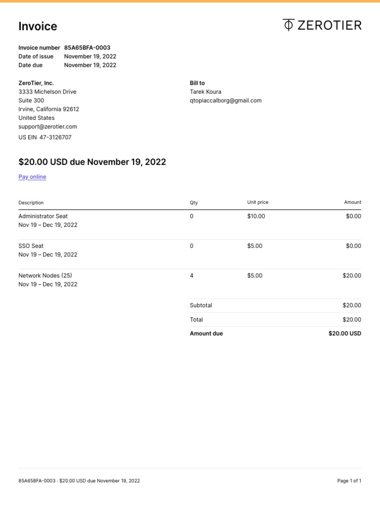 ZeroTier Invoice Due Nov 19, 2022 | PDF