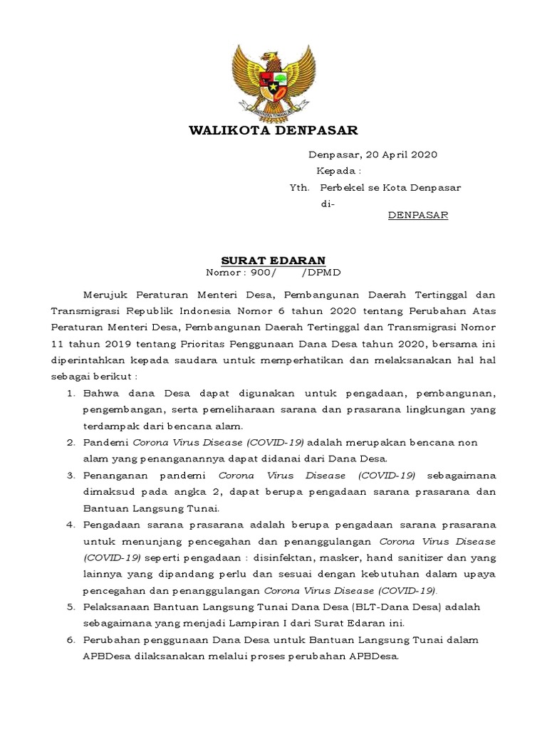 Surat Edaran Walikota Denpasar - BLT Dana Desa PDF | PDF