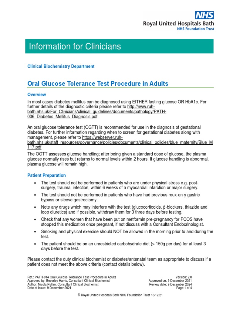 PATH-014 Oral Glucose Tolerance Test Procedure in Adults | PDF