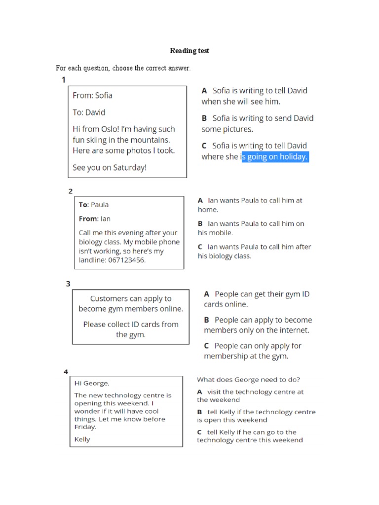 Reading Test - Level Test | PDF