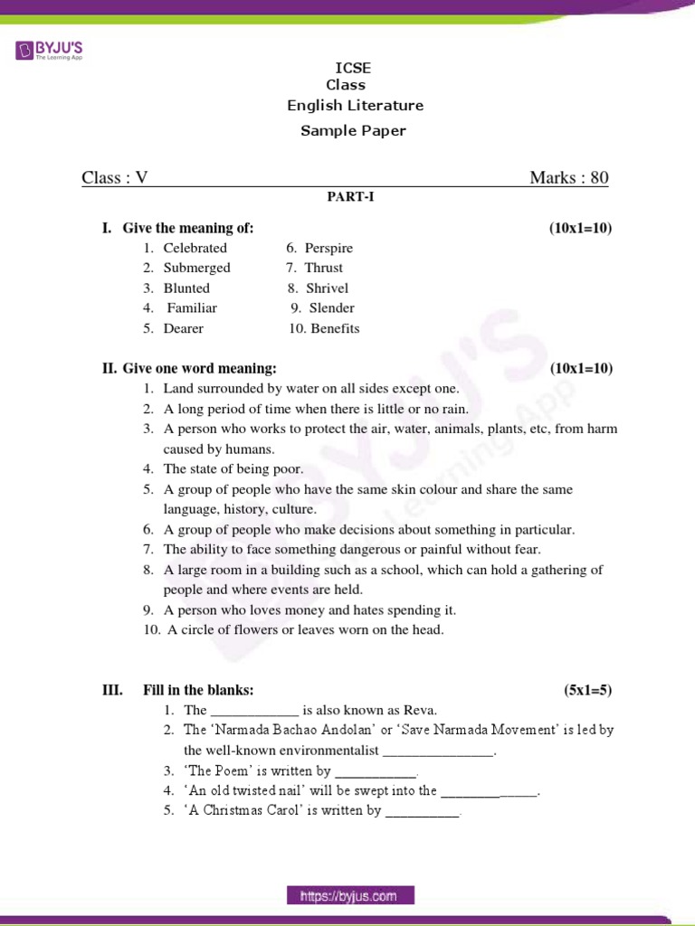 ICSE Class 5 English Literature Sample Paper | PDF
