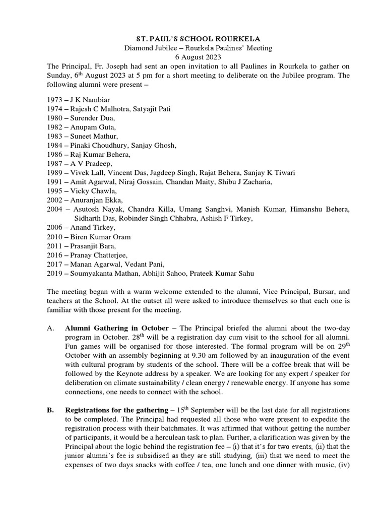 St. Paul's Rourkela Alumni Meeting | PDF | Science & Mathematics