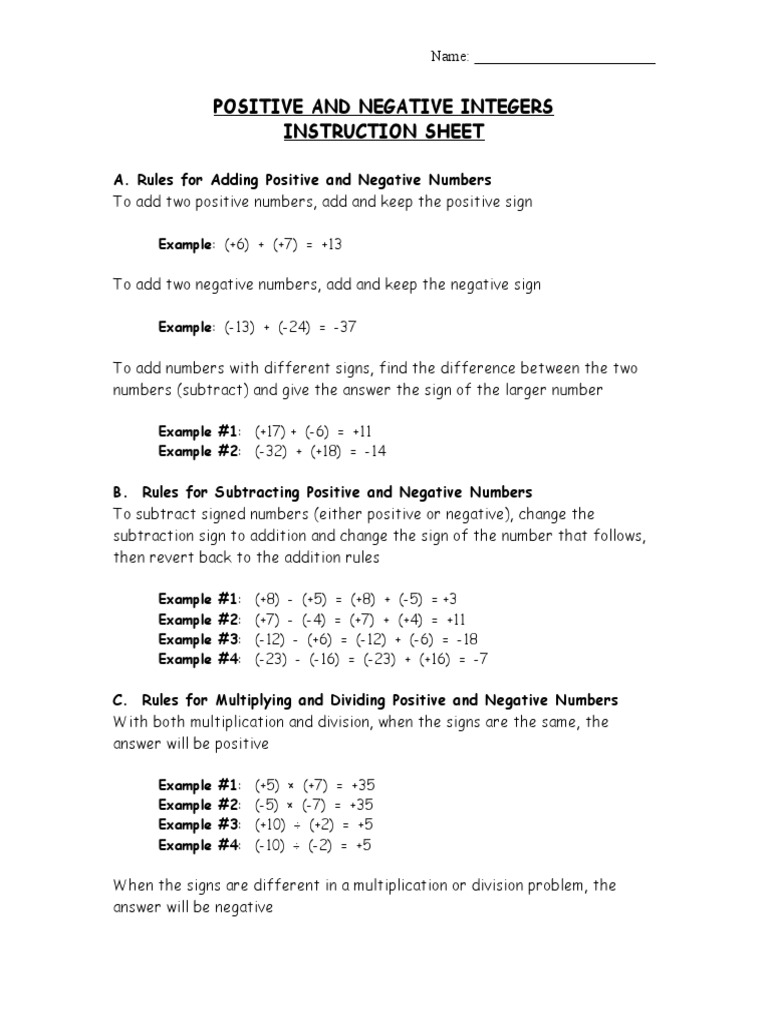 Adding Positive And Negative Numbers Worksheet