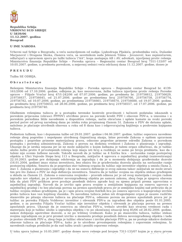 Vrhovni Kasacioni Sud - Ugovor o Zajedničkom Ulaganju | PDF