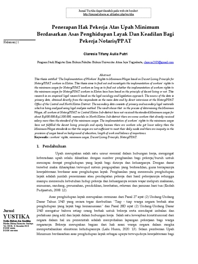 Penerapan Hak Pekerja Atas Upah Minimum Berdasarkan Asas Penghidupan ...