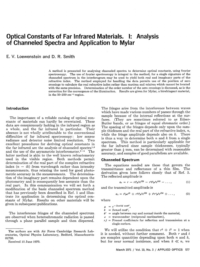 Optical Constants of Far Infrared Materials. 1 Analysis of Channeled ...