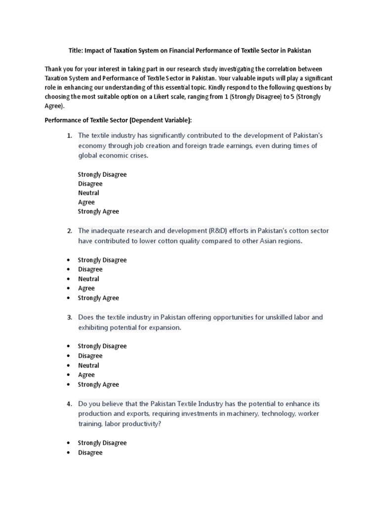 Questionnaire of Impact of Taxation System On Textile Industries | PDF