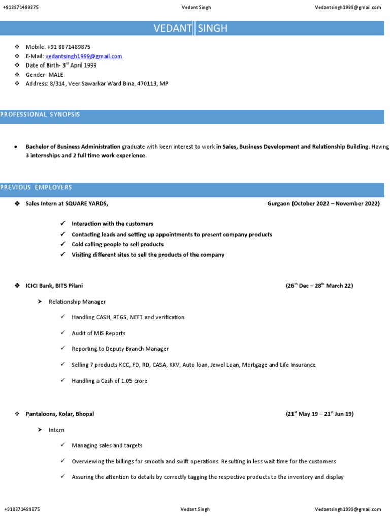 Vedant Singh-Sales Manager-Renaissance Infratech-Gurgaon. | PDF