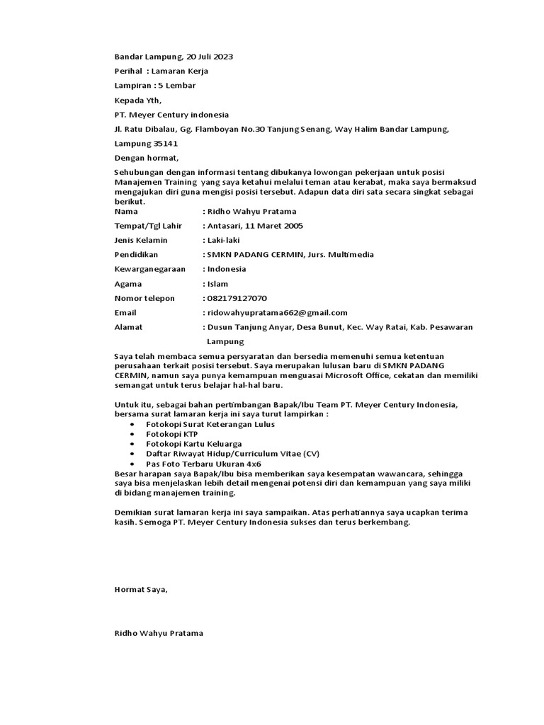 Lamaran Kerja Manajemen Training Ridho | PDF | Karier & Perkembangan