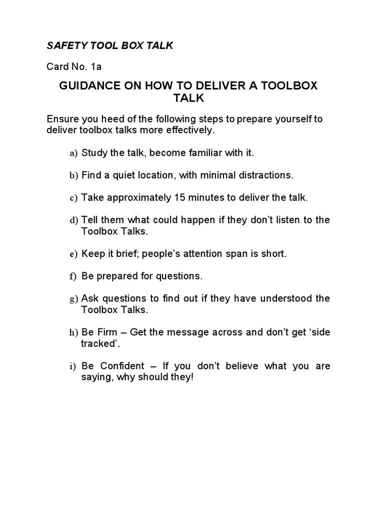 Toolbox Talk Guidance On How To Deliver A Safety Toolbox Talk | PDF
