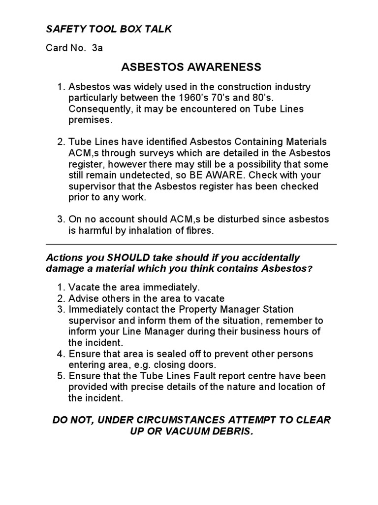 Toolbox Talk Asbestos Awareness | PDF