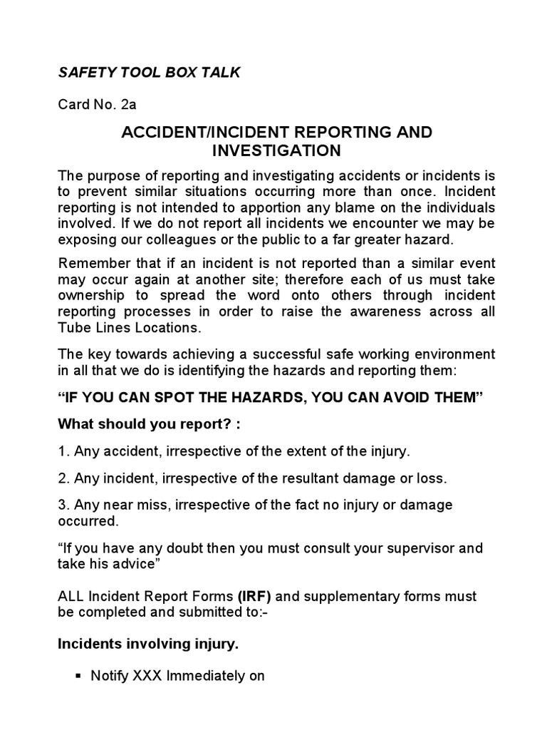 Toolbox Talk Accident Reporting and Investigation | PDF | Social Science