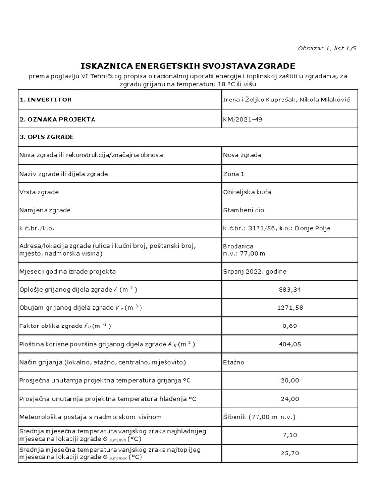 Energetska Iskaznica Stambena Gradjevina (S+P+1) | PDF