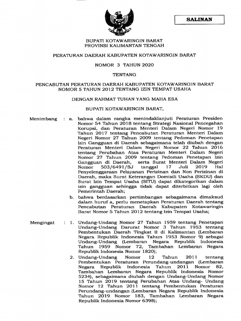 PERDA Kab. Kotawaringin Barat Nomor 3 Tahun 2020 | PDF