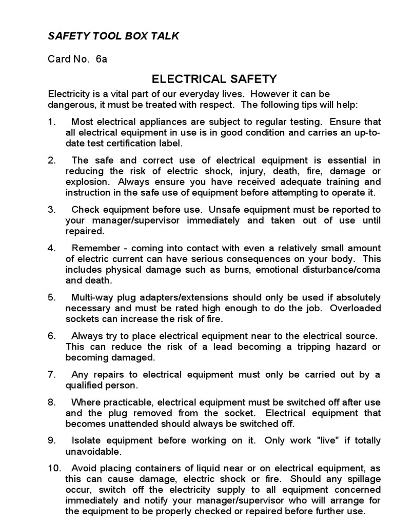 Toolbox Talk Electrical Safety | PDF | Technology & Engineering