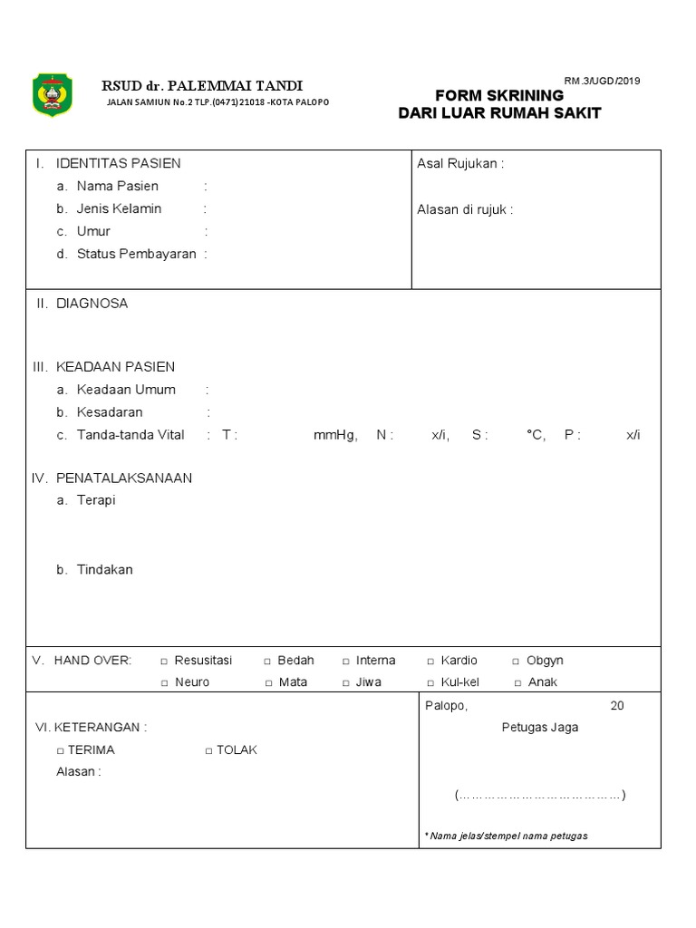RM.3 (UGD) Form-Skrining-Dari-Luar-Rs | PDF