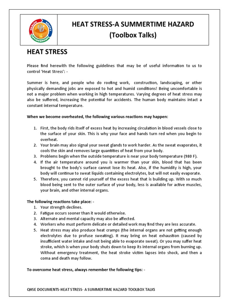 Qhse Documents-Heat Stress - A Summertime Hazard Toolbox Talks | PDF ...