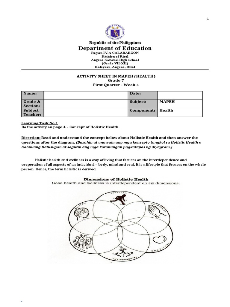 Grade 7 Health Activity Sheet Q1 | PDF | Psychological Concepts ...