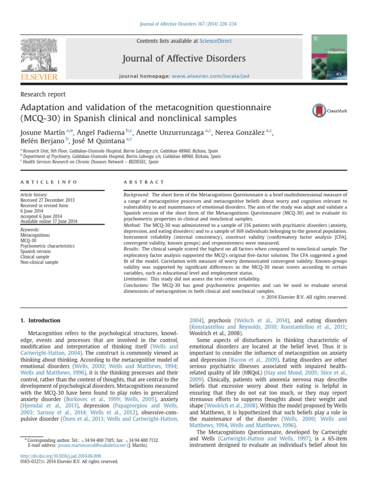Adaptation and Validation of The Metacognition Questionnaire MCQ-30 in ...