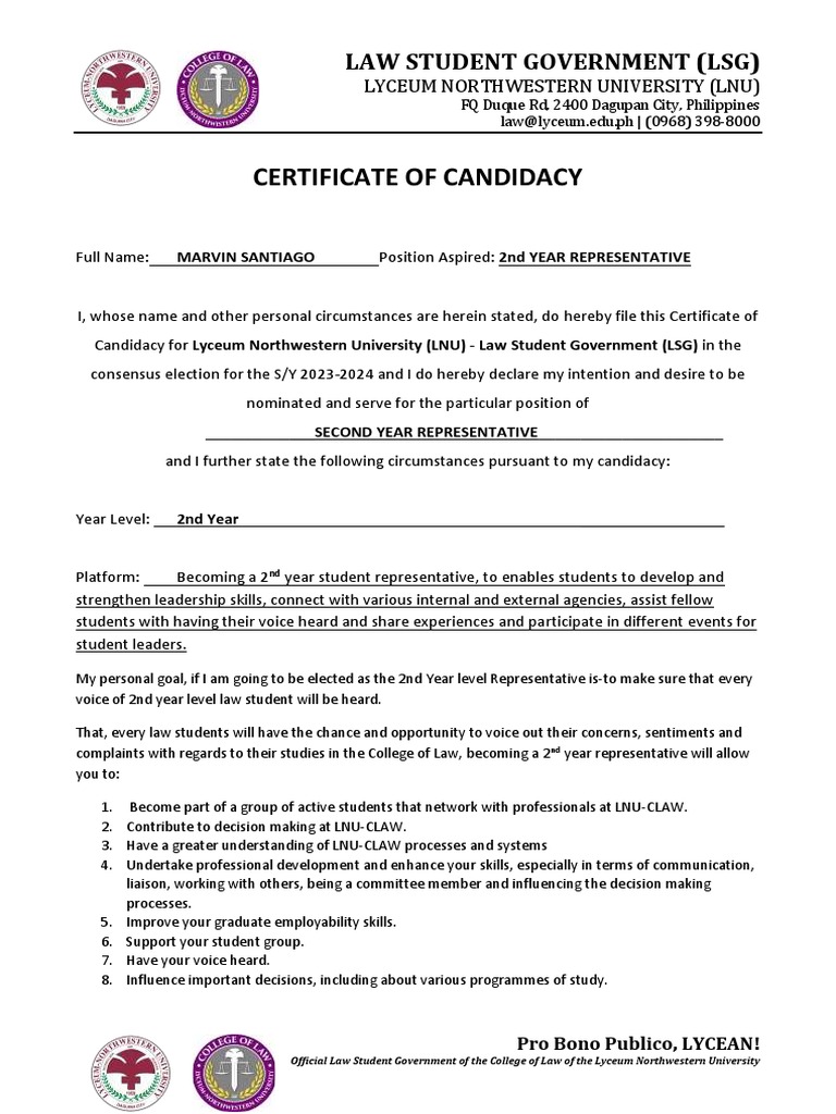 LSG - Certificate - of - Candidacy-LNU-CLaw - Marvin Santiago | PDF ...