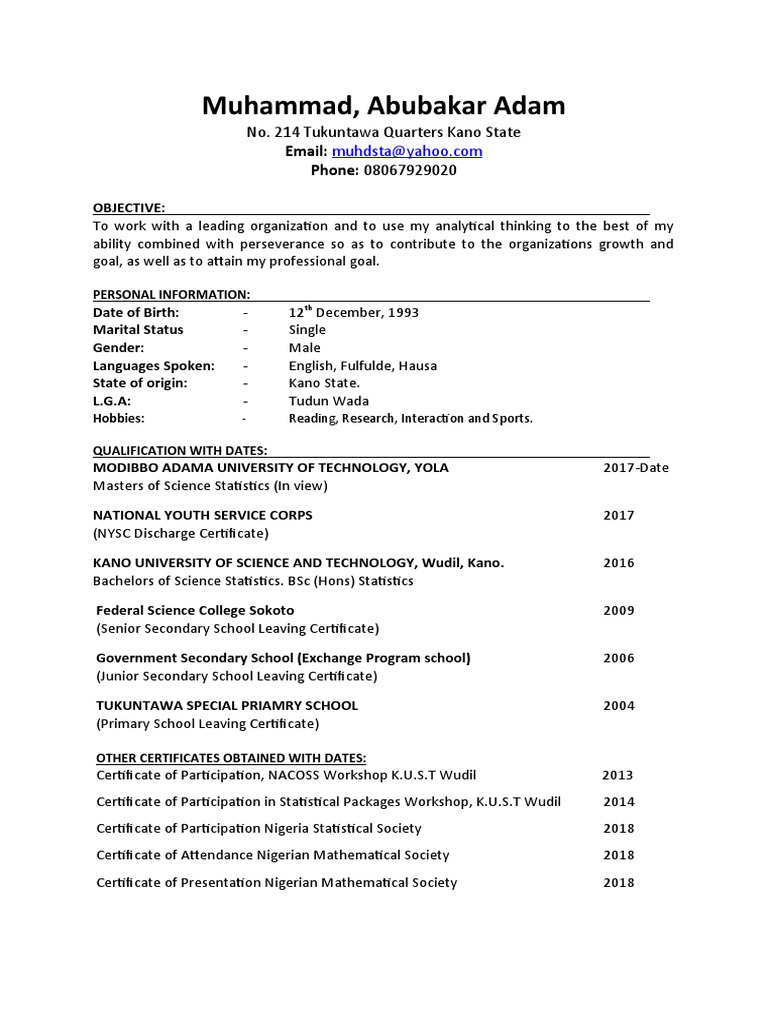 Updated CV Muhammad Adam Fulani | PDF | Statistics | Nigeria
