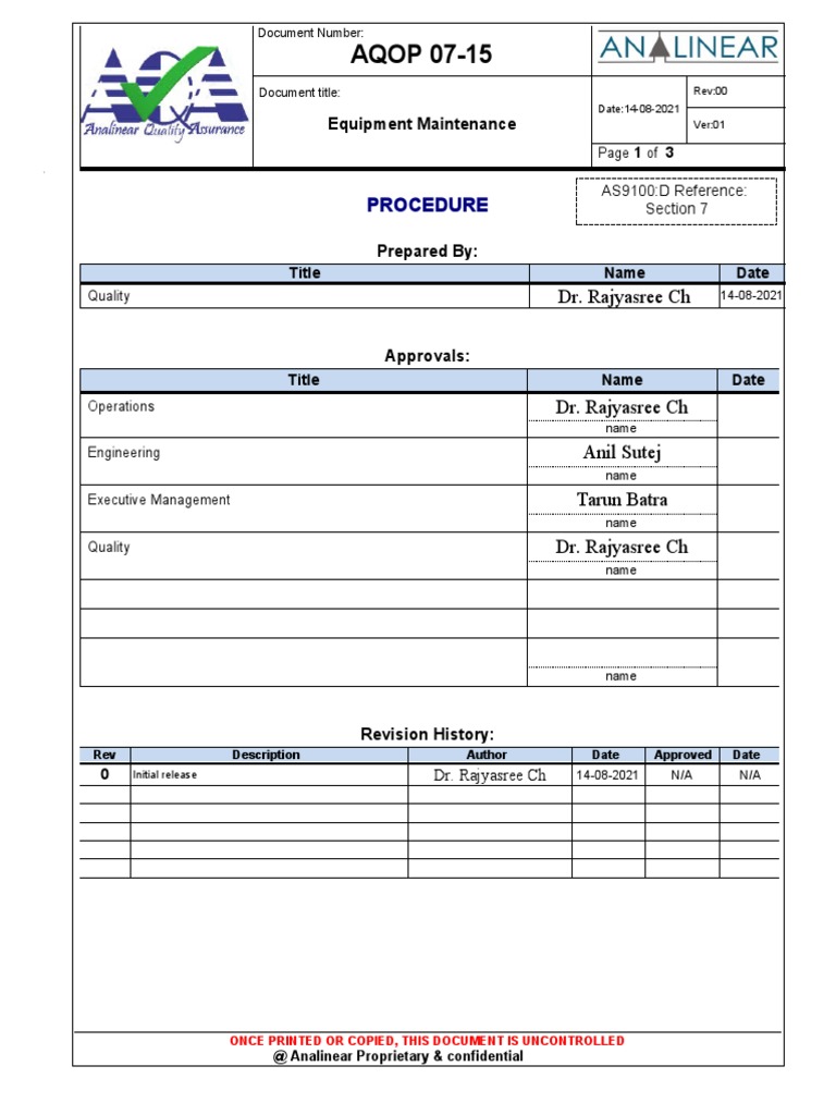 Equipment Maintenance Procedure Guide | PDF
