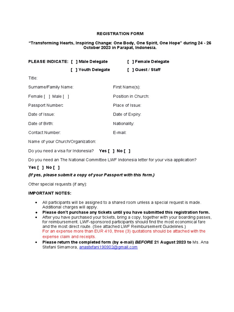 2023 LWF Diaconal Workshop Indonesia Registration Form-2 | PDF