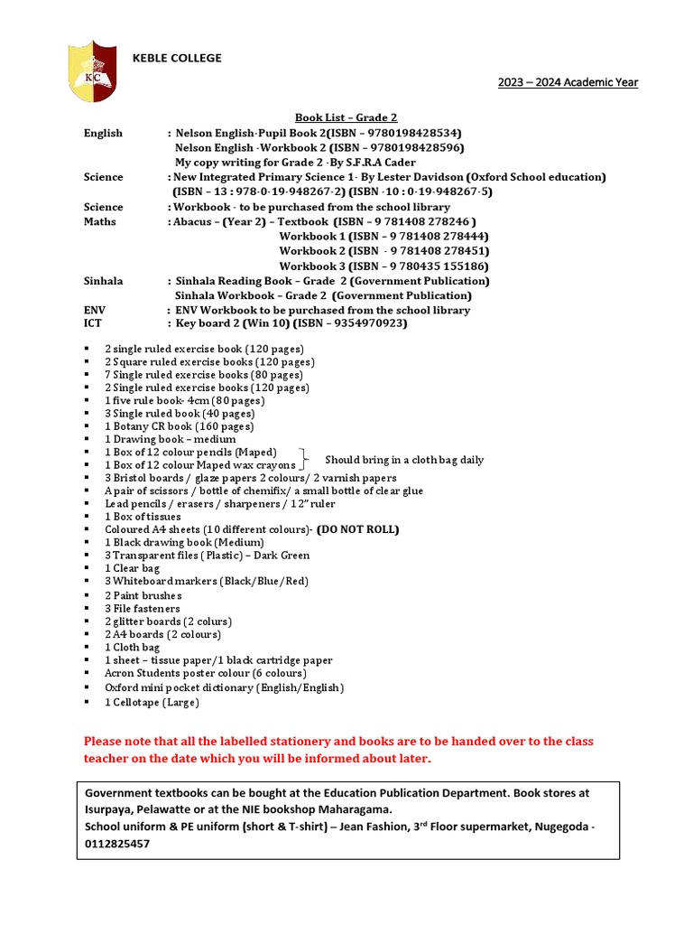 Grade 2 Book List and Supplies 2023-2024 | PDF | Home & Garden