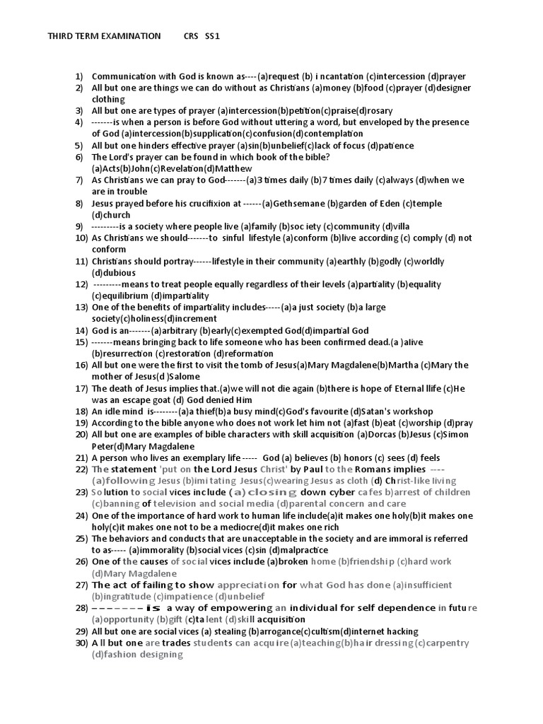 Third Term Examination CRS SS1 | PDF