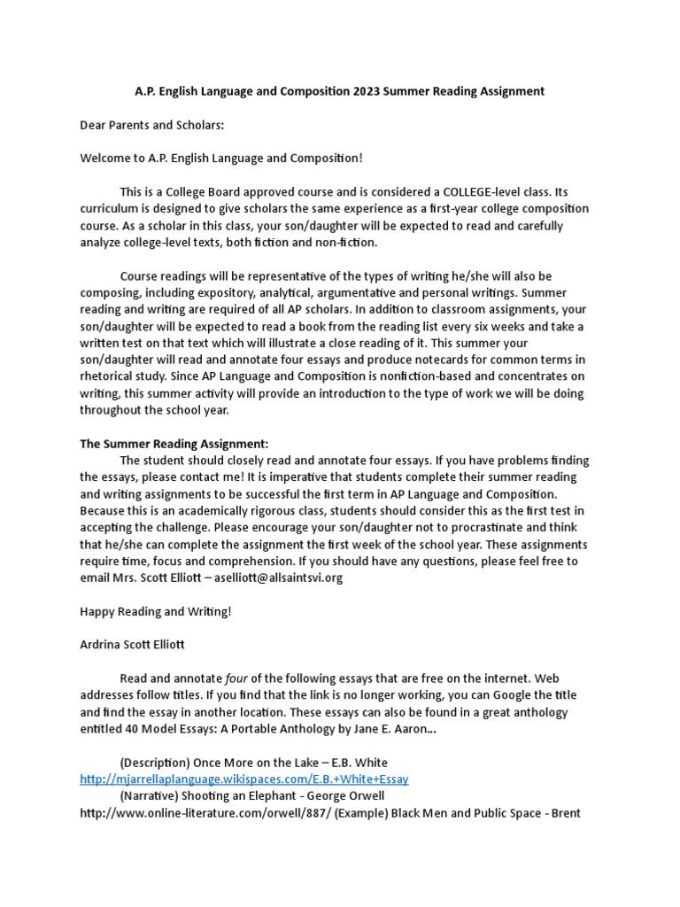 A.P. English Language and Composition 2023 Summer Reading Assignment 2 ...