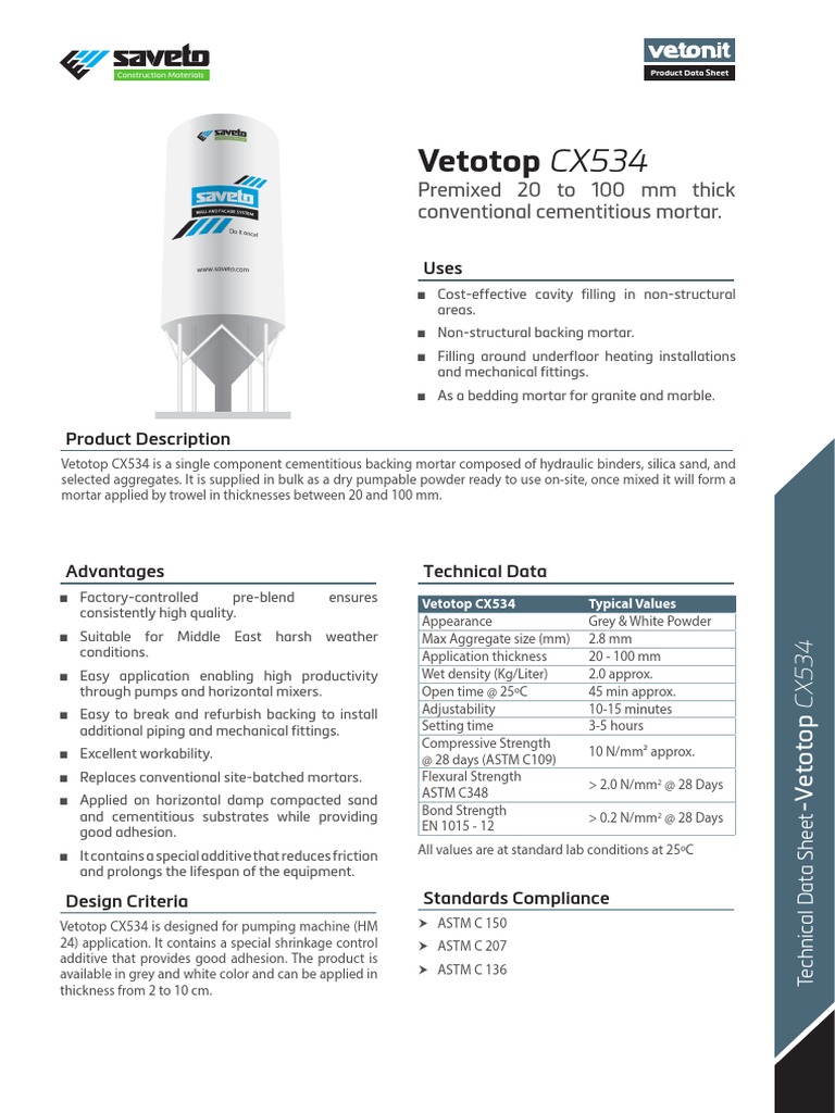 Vetotop CX534 Technical Data Sheet | PDF | Mortar (Masonry) | Cement