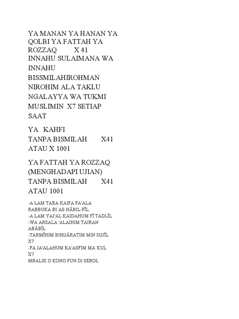 Ya Manan Ya Hanan Ya Qolbi Ya Fattah Ya Rozzaq X 41 | PDF