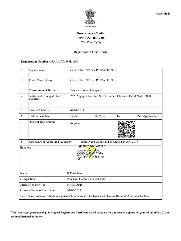 GST Registration Certificate for CORI Engineers | PDF | Business ...