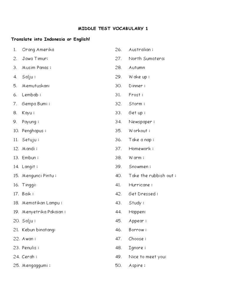 Middle Test Vocabulary 1 (1-3) | PDF