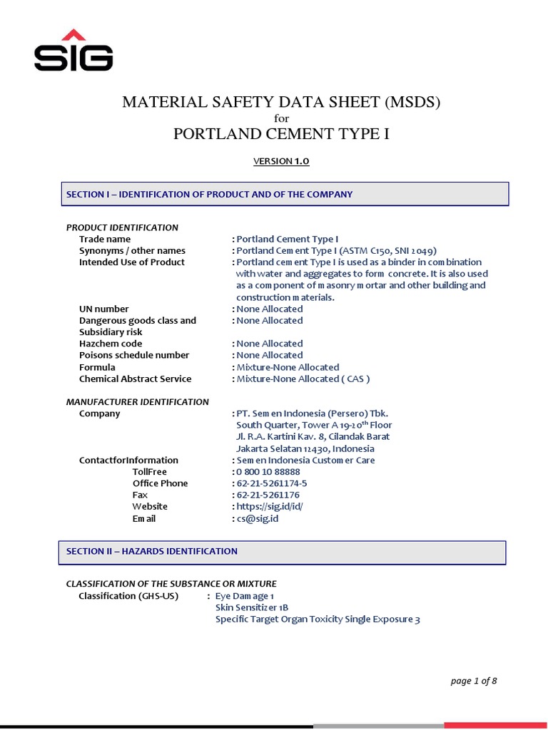 MSDS SIG Portland Cement Type I | PDF