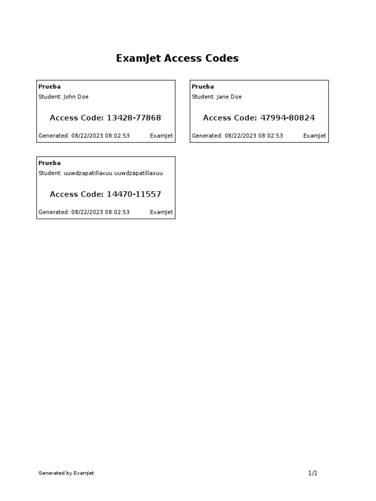 ExamJet Access Codes (Prueba - 2023-08-22) - 1 | PDF