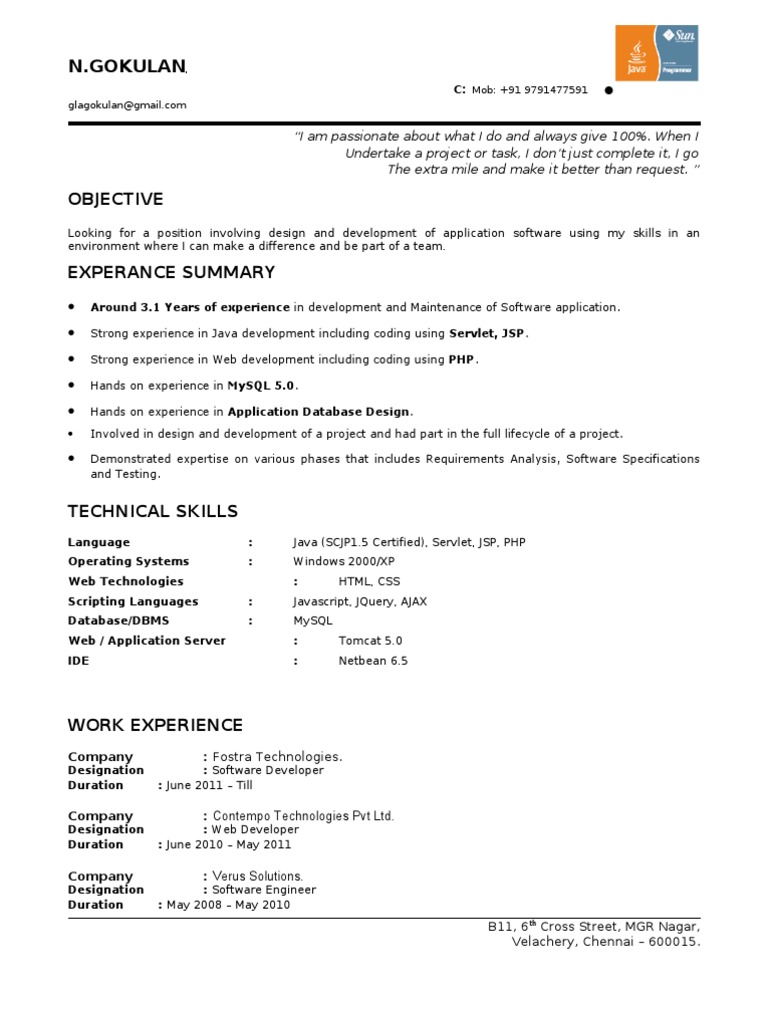 Software Developer Resume - N. Gokulan | PDF | Java Server Pages | Java ...
