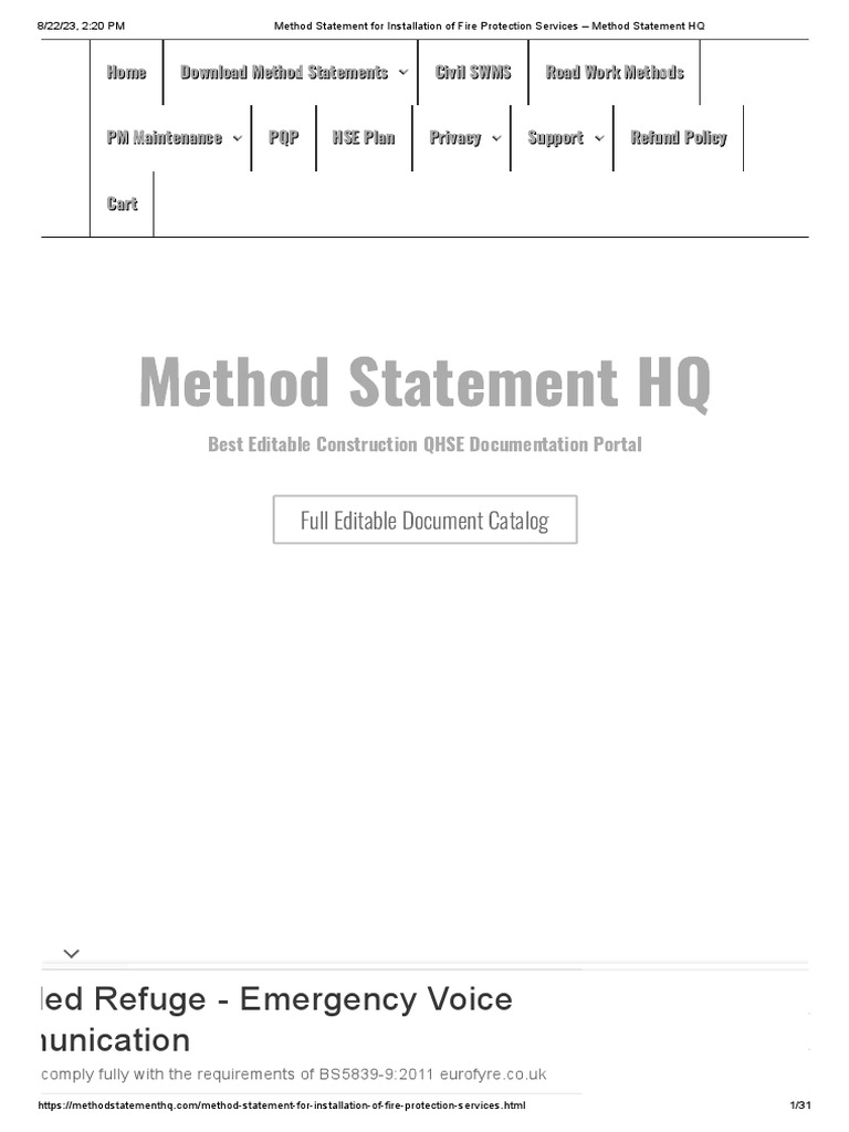 Method Statement For Installation of Fire Protection Services - Method Statement HQ | PDF