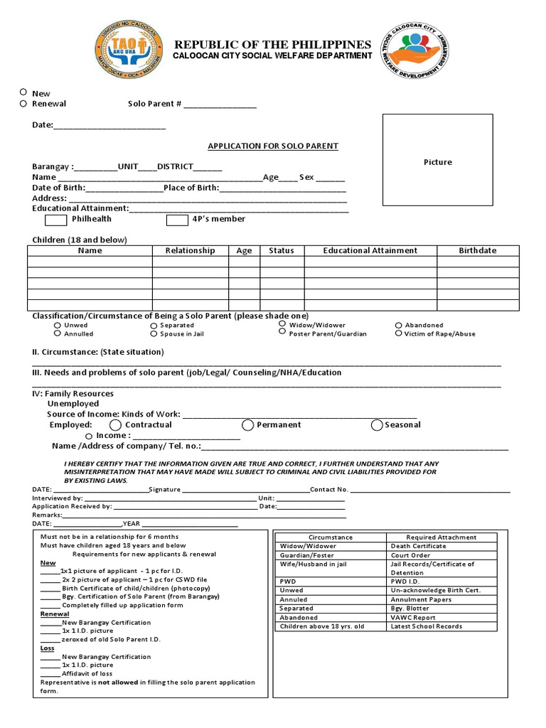 SOLO PARENT Application Form | PDF