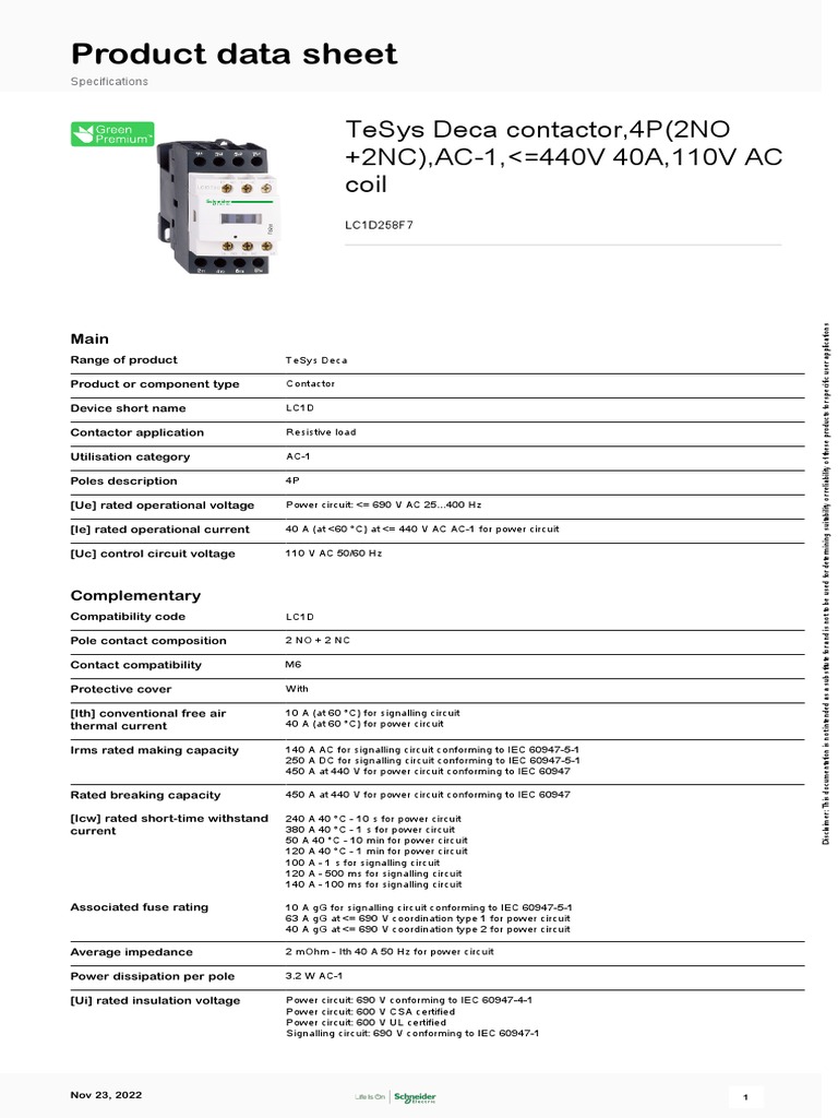 TeSys Deca Contactors - LC1D258F7 | PDF | Materials | Chemistry