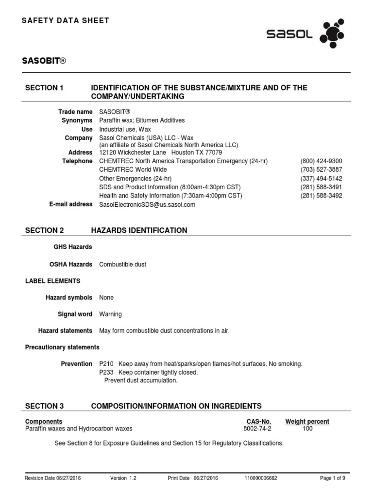 Sasobit SDS Sasol | PDF